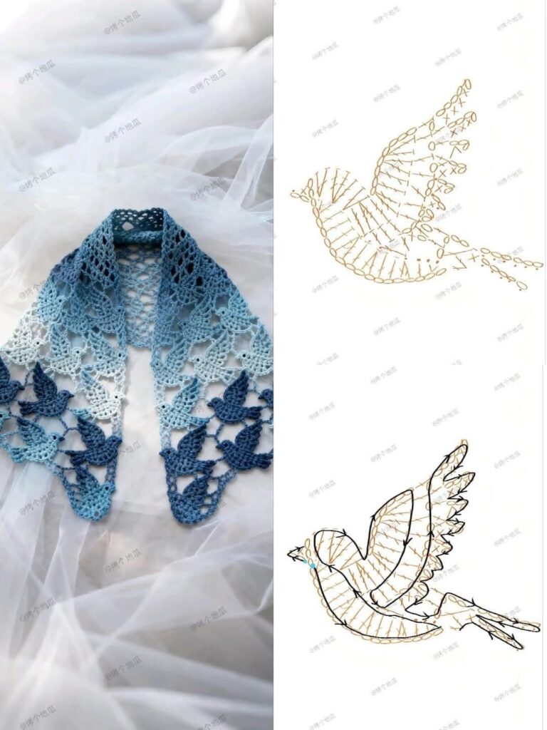 Crochet Birds Lace Scarf – Complete Written Pattern + Diagram - Easy ...
